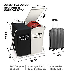 Double Laundry Hamper with Lid and Removable Laundry Bags, 125L Large Foldable Dirty Clothes Organizer Storage Bag with Handle and Aluminum Frame for Home Bathroom Dorm