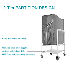 360Tronics Computer Tower Stand White, 2-Tier Height Adjustable Desktop PC Stand for Carpet, Mobile Tower Cart Under Desk, Full Metal Rolling CPU Holder with 360° Locking Wheels for Office Home