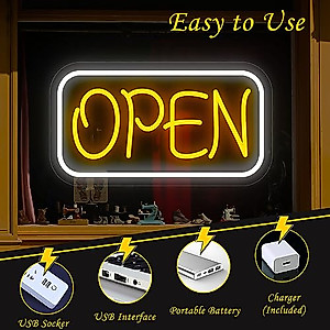 Neon Open Sign, Open Signs for Business, 16.5"x 8.4" Open Sign Led, Open Signs for Business Window With Adjustable Brightness, Open Neon Sign, Powered by USB with ON/OFF Switch