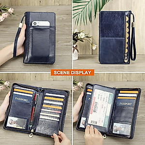 Contacts Passport Wallet Leather Family Passport Holder for 4 Travel Documents Organizer RFID Blocking Zipper Blue Card Wallet with 13 Card Slot