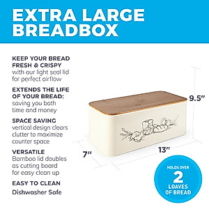 Extra Large Bread Box for Kitchen Countertop with Bamboo Cutting Board Lid - Vertical Space Saving Bread Holder Keeper Holds 2 Loaves - White Cream Farmhouse Breadbox Bread Storage, Bread Container