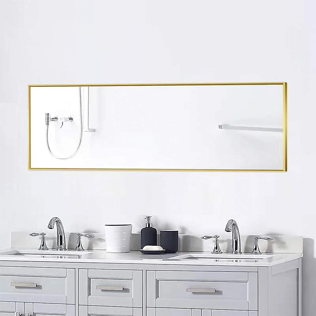 TECNR Full Length Mirror Floor Mirror Hanging Standing or Leaning, Bedroom Mirror Wall-Mounted Mirror with Gold Aluminum Alloy Frame, 59" x 15.7"