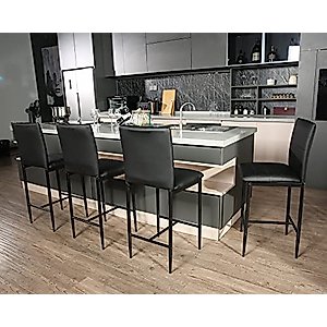 Modern Leather Bar Stools Set of 4 - Counter Height Industrial Bar Stools for Kitchen Island - High Dining Room Chairs with Soft Back Patio Furniture Chairs for Home Garden Pub Bar Backyard (Black)