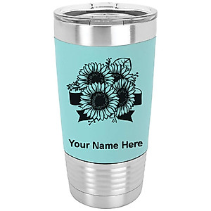 LaserGram 20oz Vacuum Insulated Tumbler Mug, Sunflowers, Personalized Engraving Included (Silicone Grip, Teal)