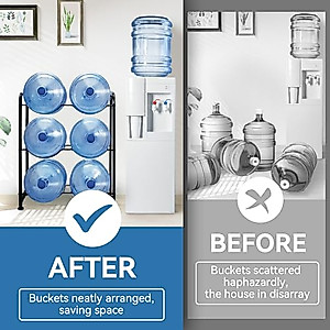 UMORNING 5 Gallon Water Bottle Holder, 3-Tier Water Cooler Jug Rack for 6 Bottles Heavy Duty Detachable Kitchen Organization and Storage Shelf, Black