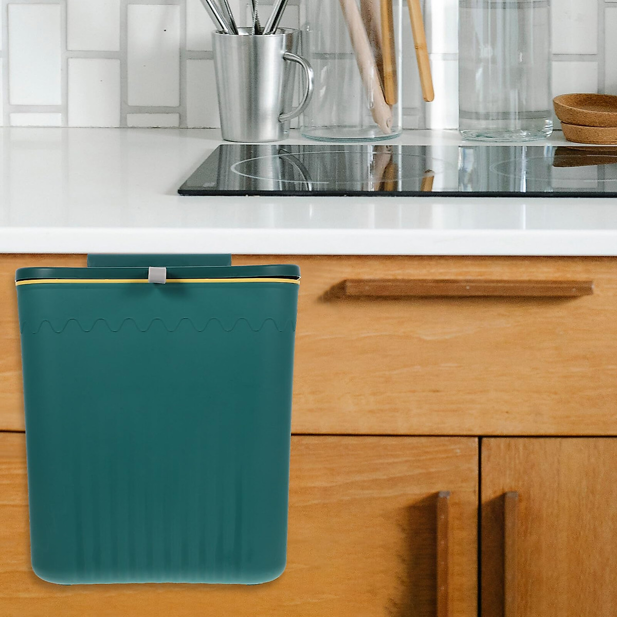 DEARMAMY Hanging Trash Can with Lid Kitchen Compost Bin for Counter Top Under Sink or Wall Mount Large Capacity Garbage Can Wastebasket for Cupboard Bathroom Bedroom