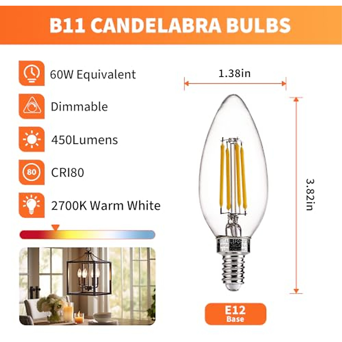 ALAMPEVER Chandelier Light Bulbs,E12 Candelabra Bulb 60 Watt,E12 LED Bulb 2700K Soft White,Candle Light Bulbs 12 Pack