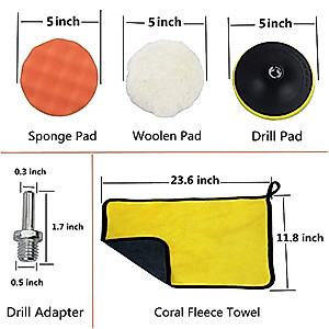 TPE Car Foam Drill Polishing Pad, Sponge and Wool Polishing Pad Set 7 PCS 5 Inch Buffing Polishing Pads Kit Polishing Pad Kit with Buffing Wheel for Drill with M14 Drill Adapter (5" 7pc)
