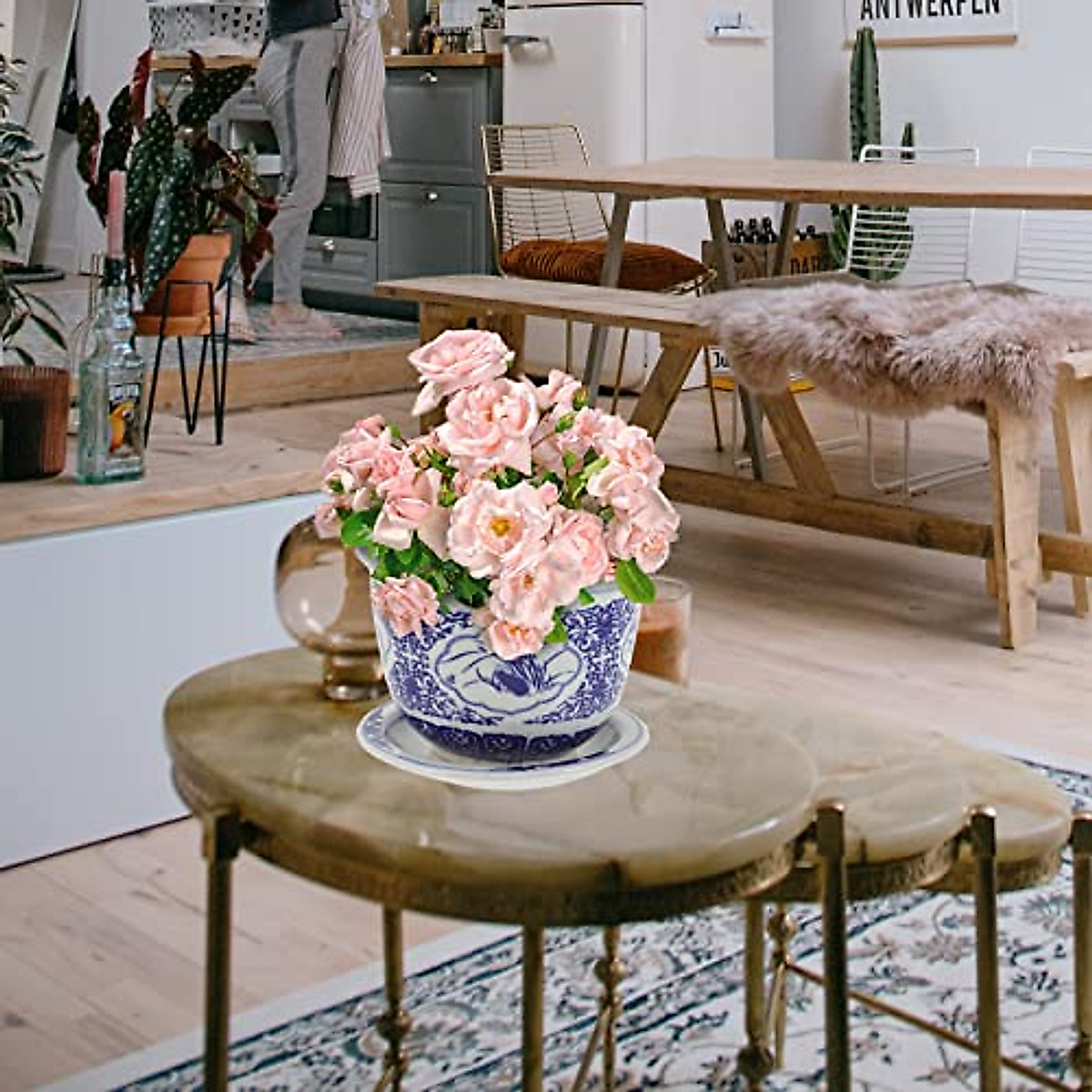 Yardwe Blue and White Planter Ceramic Planter Ceramic Flower Pots with Drainage Hole Plant Pots with Saucer Tray Plants Container for Bonsai Plants Flower Aloe Small Succulent Pots