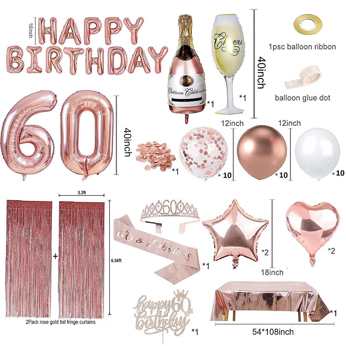 60th Birthday Decorations Women - Rose Gold 60 Birthday Decor for Her, Happy Birthday Banner, Table Cloth, Cake Topper, Bday Sash, Crown, Balloons Set for Sixty Years Old Party Supplies