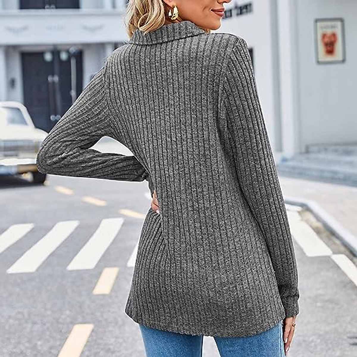 Women's Fashion Pullover Knitted Ribbed Shirts Long Sleeve V-Neck Blouse Tops Casual Fall Clothes for Women 2024 Cute Sweatshirts Dark Gray