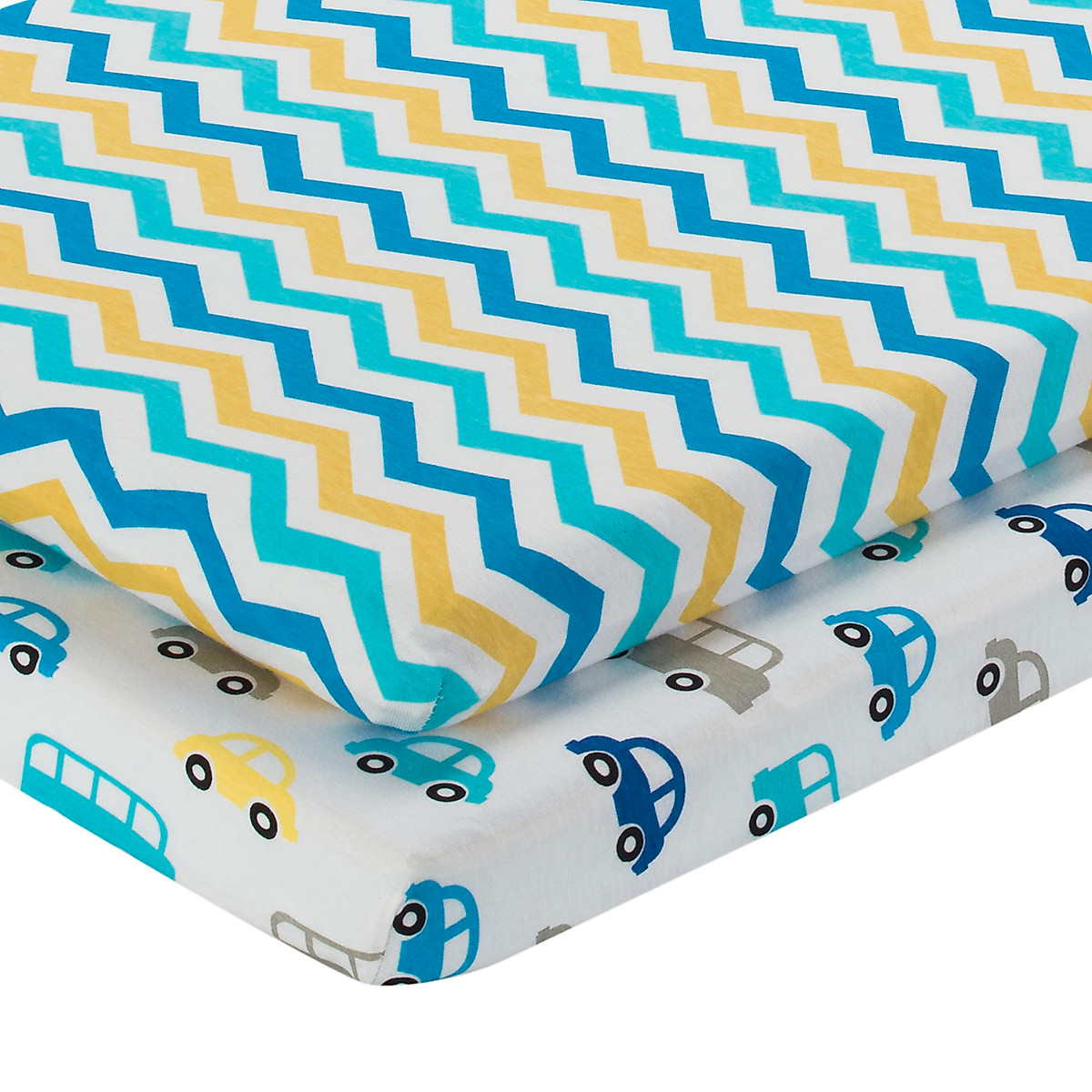 EVERYDAY KIDS 2 Pack Baby Cradle Sheets - Fitted Set for Baby Boy; 100% Cotton Jersey Knit, Breathable and Soft Cradle Mattress Pad Cover; Blue, Yellow, Gray Cars and Buses Sheet and Chevron Art Sheet