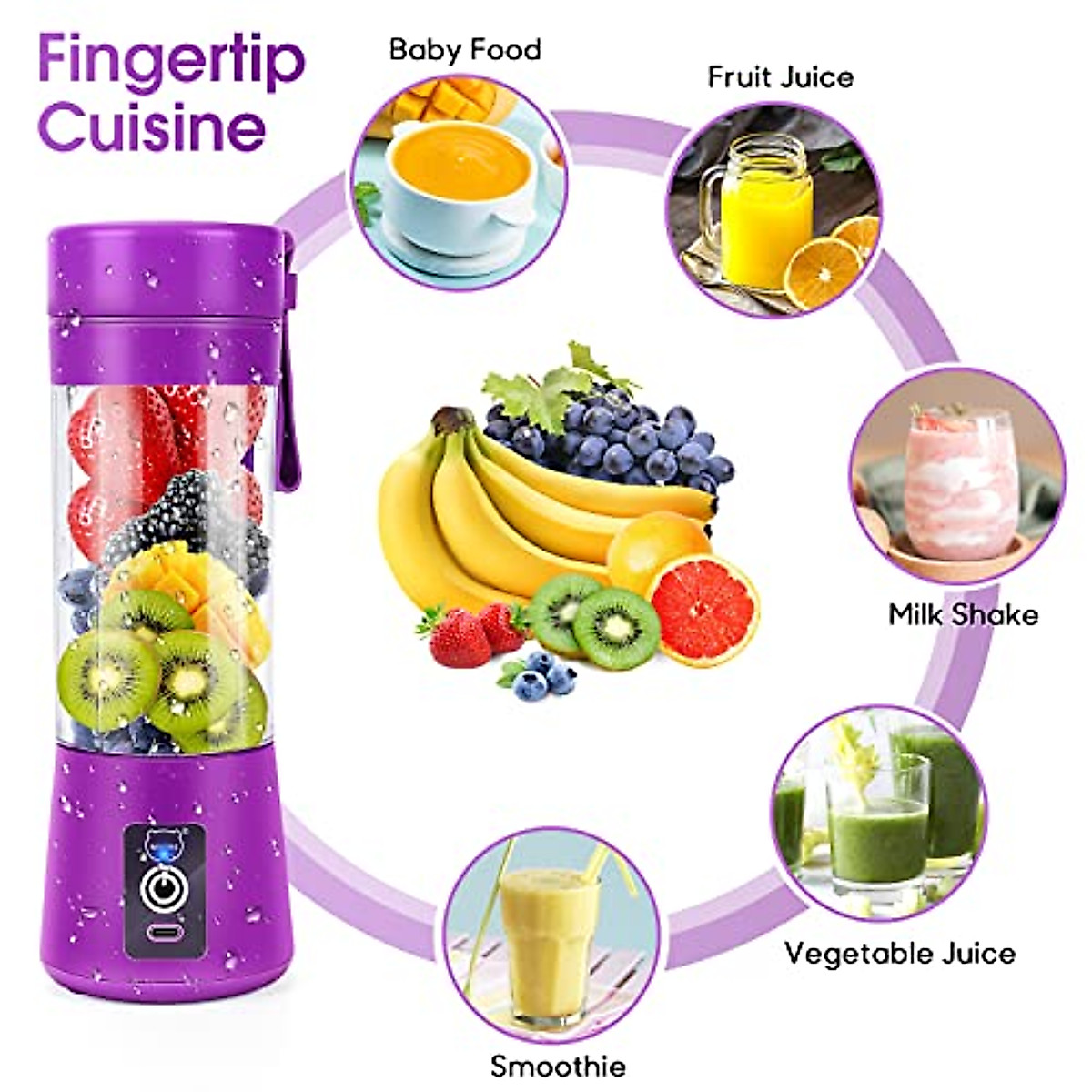Portable Blender, MIAOKE Personal Mini Juice Blender, USB Rchargeable Juicer Cup with Six Blades in 3D, Smoothie Blender Home/Office/Outdoors, Dark purple