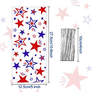 100 Pieces Patriotic Celllo Treat Bags Labor Day Goodie Bag Blue Red USA Star Candy Bag Independence Day 4th of July Cellophane Plastic Bag with 100 Silver Twist Tie for American Party Supplies Gift