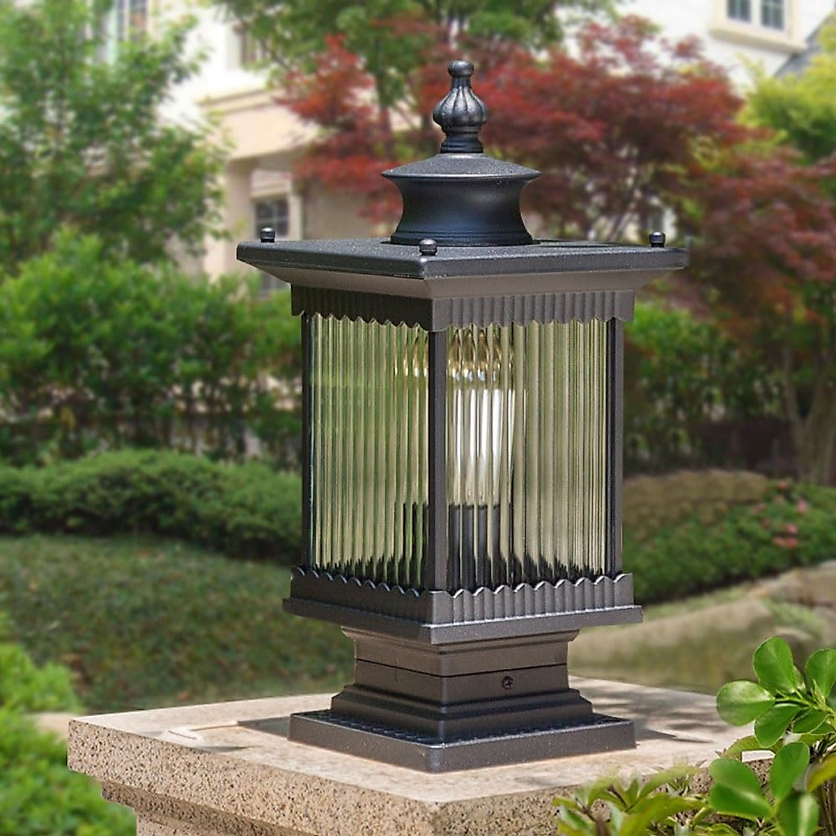 MODEBHD European Retro Outdoor Post Light, Die-cast Aluminum Villa Courtyard Patio Garden Lighting Fixture E27, Waterproof and Moisture-Proof IP65 Garden Gate LED Pillar Lamps, Square Post Lantern