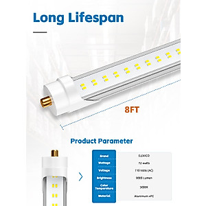 ELEKICO 8FT LED Bulbs, Super Bright 72W 9000lm 5000K, T8 T10 T12 LED Tube Lights, FA8 Single Pin T8 LED Lights, Clear Cover, 8 Foot LED Bulbs to Replace Fluorescent Light Bulbs (Pack of 6)
