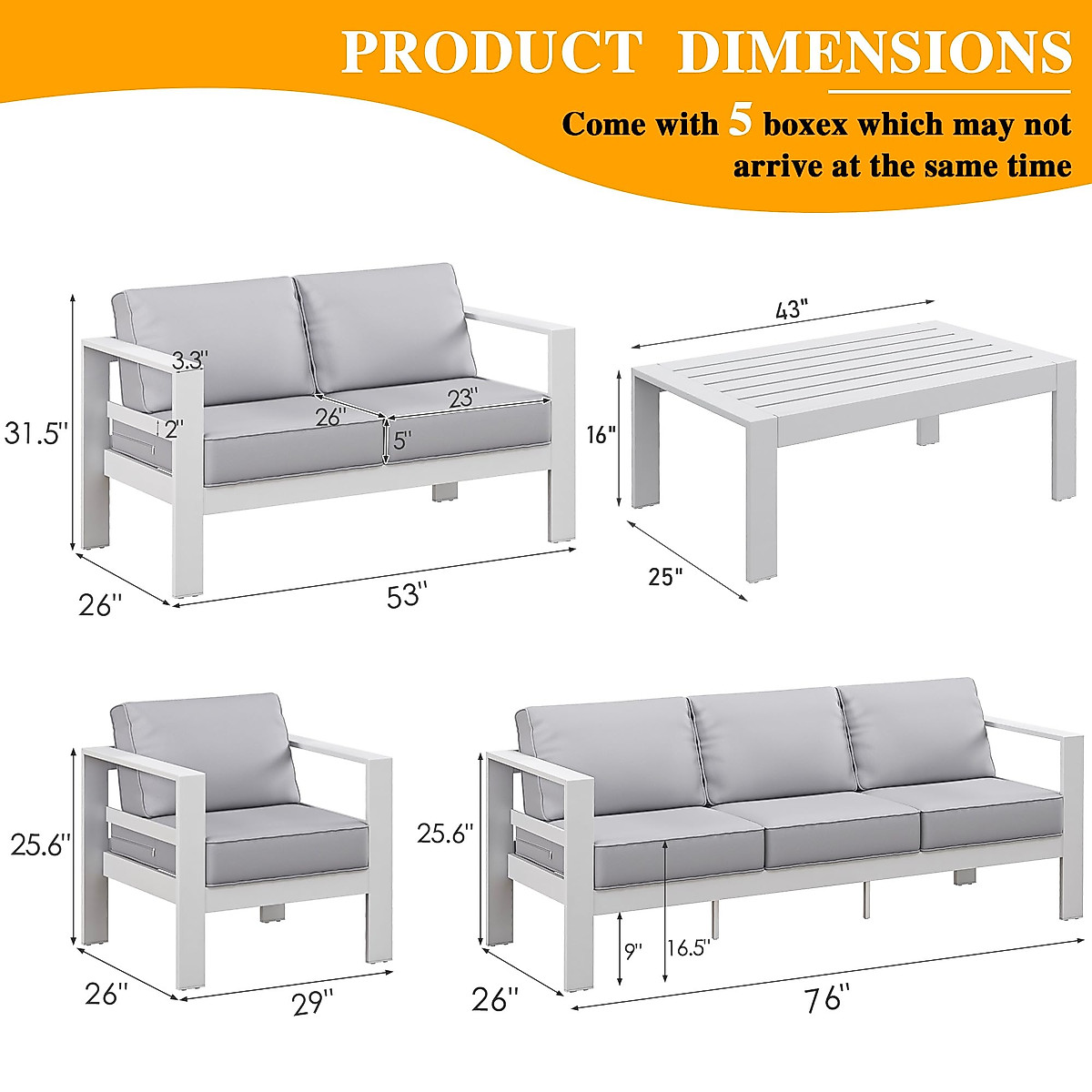 MU Aluminum Patio Furniture Set, 5 Pieces Modern Outdoor Sectional Sofa Couch with Upgrade Cushion and Coffee Table, Oversized Patio Conversation Set, White Frame and Light Grey Cushion