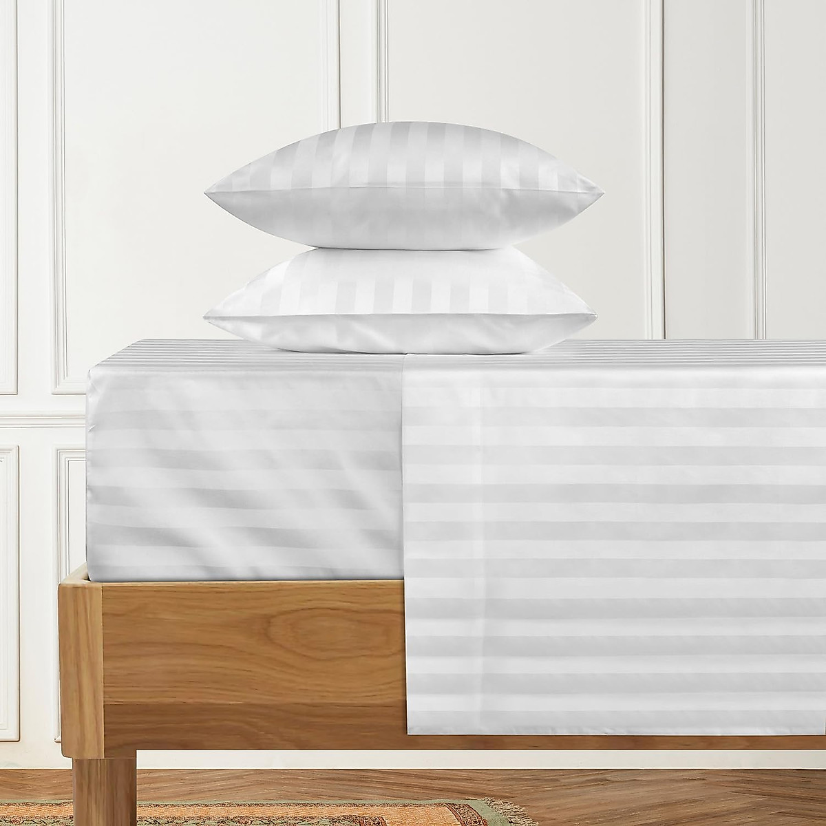 Damask Stripe Queen Size 7-Piece Duvet Cover and Bed Sheet Set 17 inch Deep Pocket - Complete Luxury Soft 1000 Thread Count 100% Egyptian Cotton Bedding Set - White