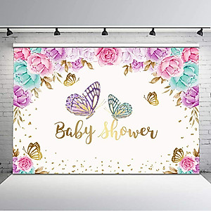 Avezano 7x5ft Butterfly Baby Shower Backdrop Spring Floral Butterfly Baby Shower Gold Dots Background Vinyl Flowers Golden Butterfly Baby Shower Backdrops Decorations