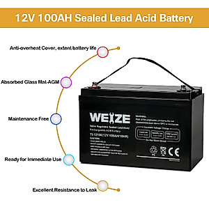 Weize Deep Cycle AGM 12 Volt 100Ah Battery, Maintenance-Free, 3% Self-Discharge Rate, 1150A Max Discharge Current, Perfect for RV, Solar, Trolling Motor, Wind, Marine, Camping and Off-Grid System