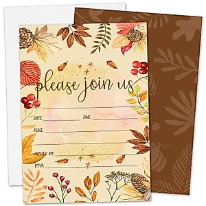 AnyDesign Fall Vintage Invitations 25 Sets Autumn Invitation Cards with Envelopes Stickers Botanical Watercolor Blank Invites for Baby Shower Wedding Thanksgiving Birthday Dinner Party, 5 x 7 Inch