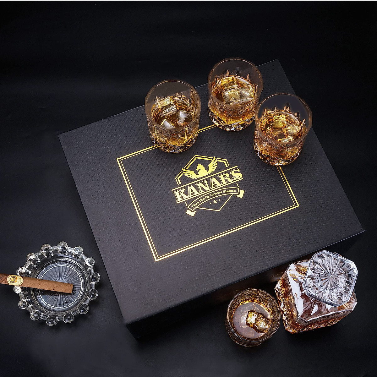 KANARS Whiskey Decanter And Glasses Set in Unique Gift Box - Original Crystal Liquor Decanter Set For Bourbon, Scotch, Vodka, Rum or Whisky, 5-Piece, Gifts for Men Dad