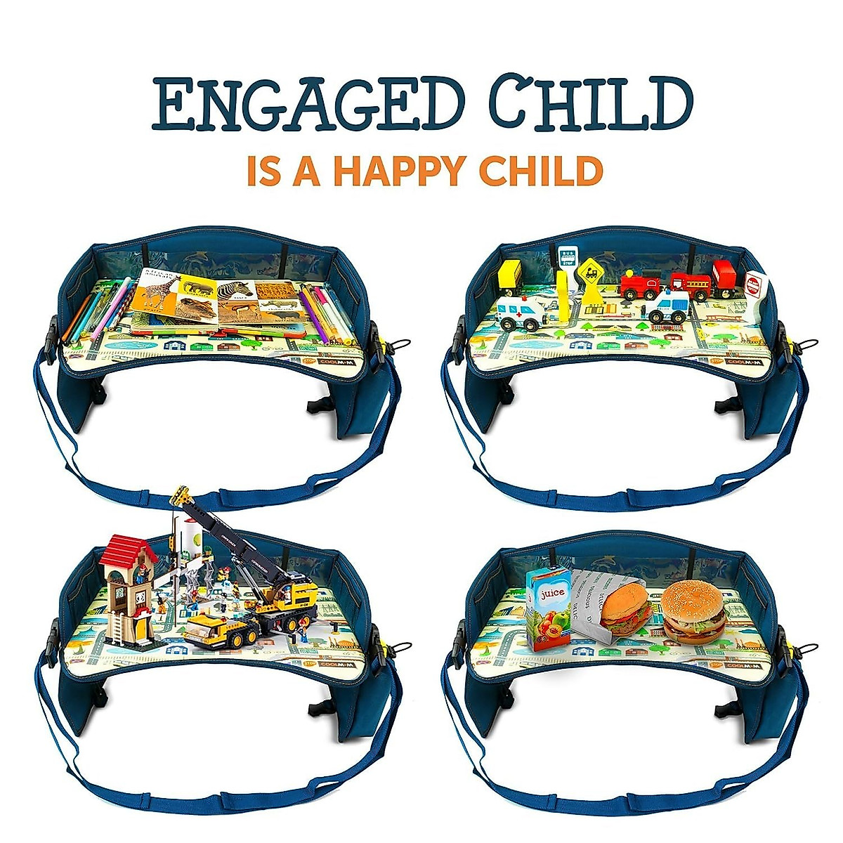 Coolmum Kids Travel Tray, Toddler Car Seat Tray, Double Sided Activity Organizer, Snack Lap Tray, Baby Stroller Tray, Airplane Play Table, Waterproof and Foldable (Premium Blue)