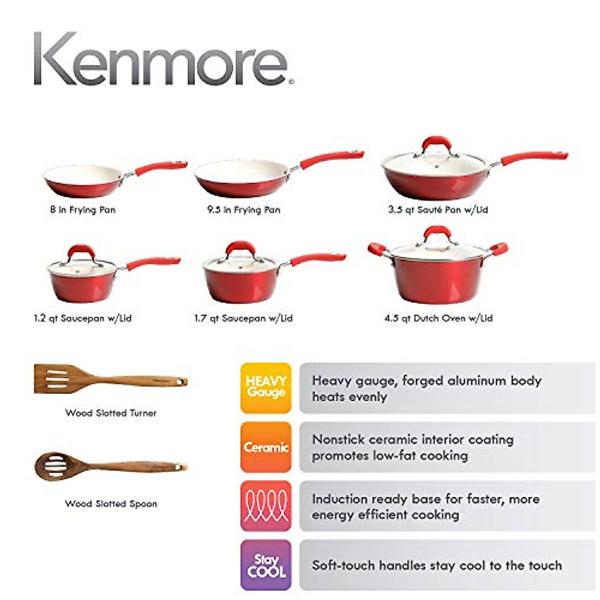 Kenmore Arlington Healthy Nonstick Ceramic Coated Forged Aluminum Induction Cookware, 12-Piece, Metallic Red