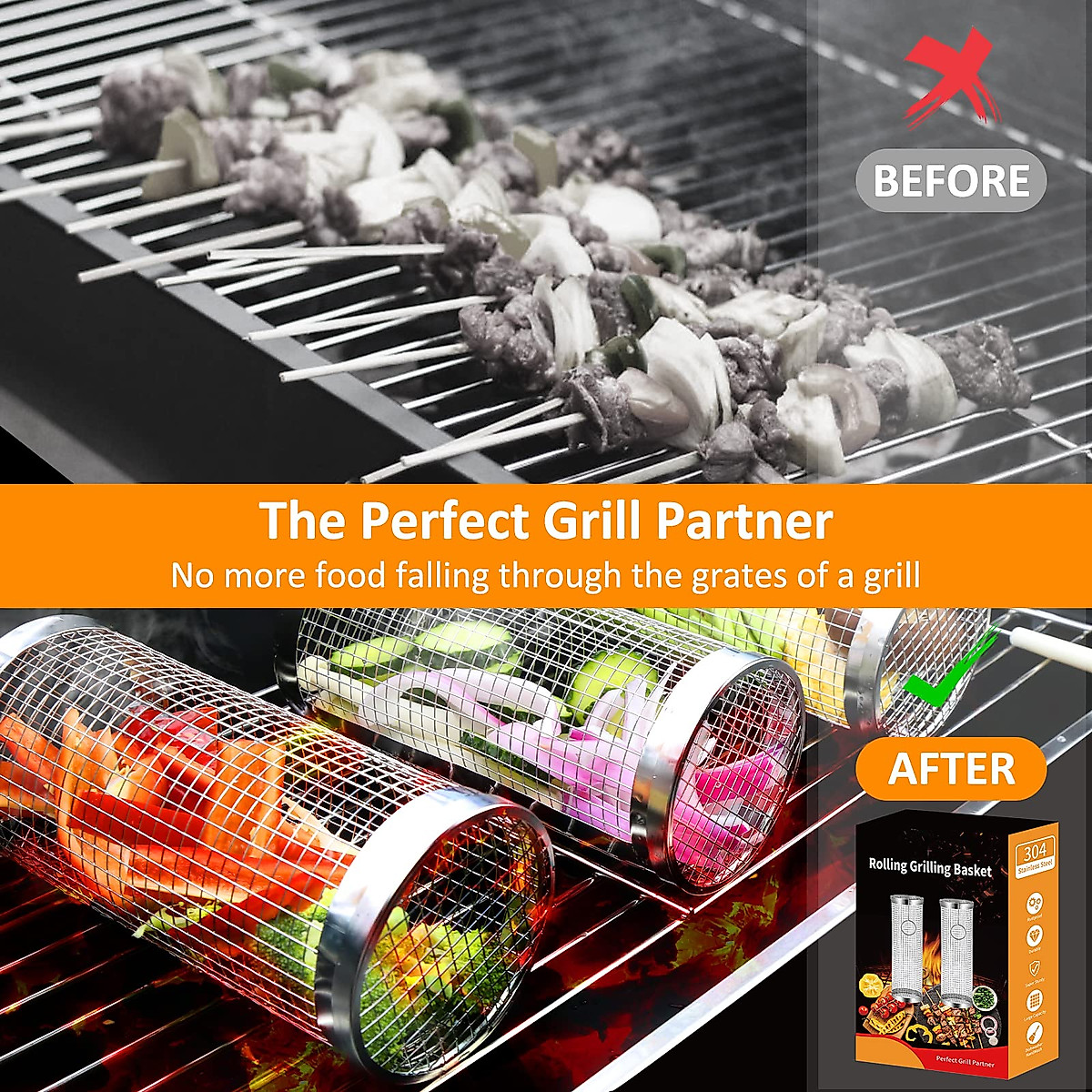 Grill Basket 4 PCS, BBQ Grill Basket, Rolling Grilling Basket, Stainless Steel Grill Mesh Barbeque Grill Accessories, Portable Grill Baskets for Outdoor Grill for Fish, Shrimp, Meat, Vegetables, Fries