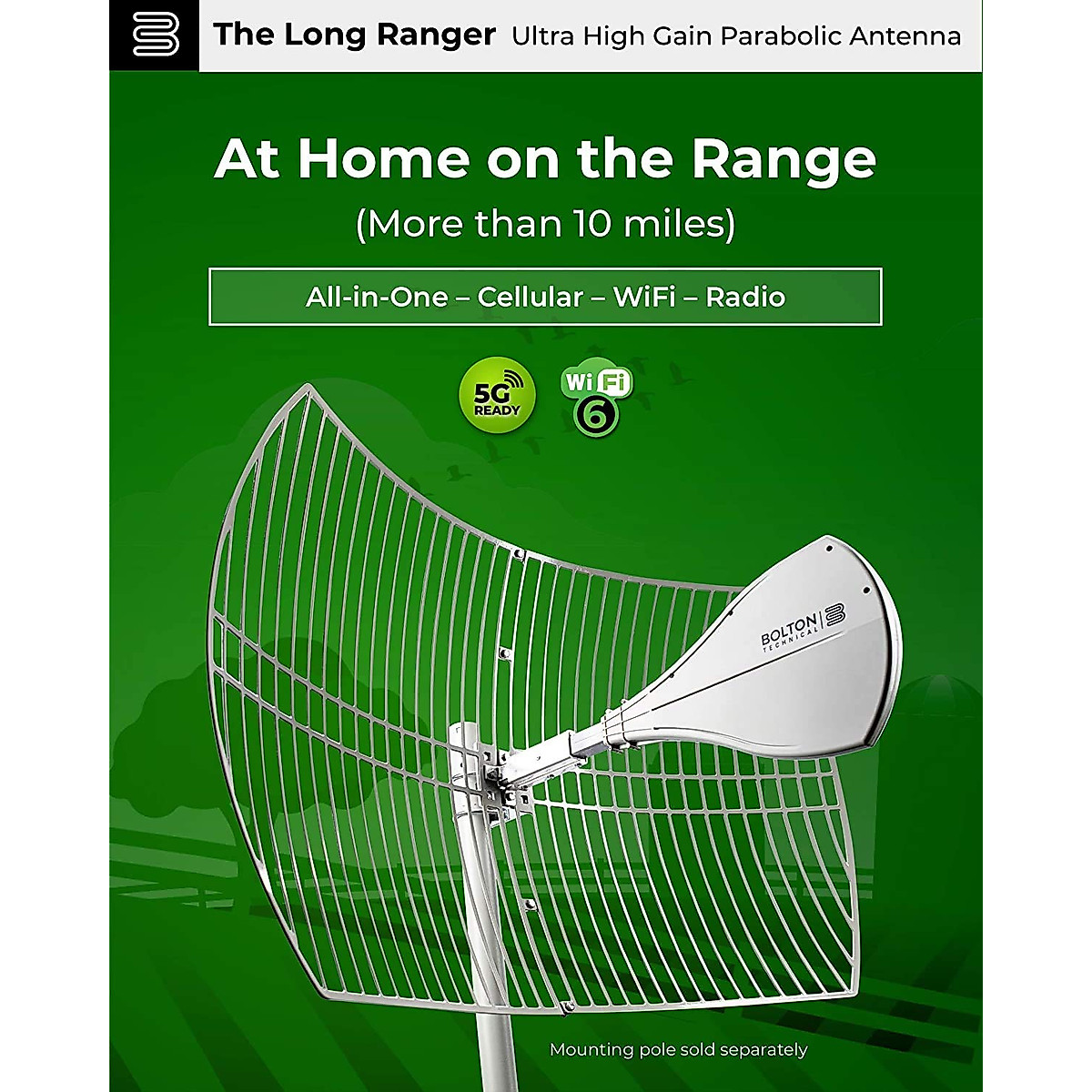 Bolton Long Ranger | New Parabolic Antenna - up to 20 Miles Range | High gain Cellular/WiFi Antenna up to +28 dB | All Cell Bands LTE,4G,5G,3G, WiFi 2.6/5 GHz WiFi 6 (Renewed)