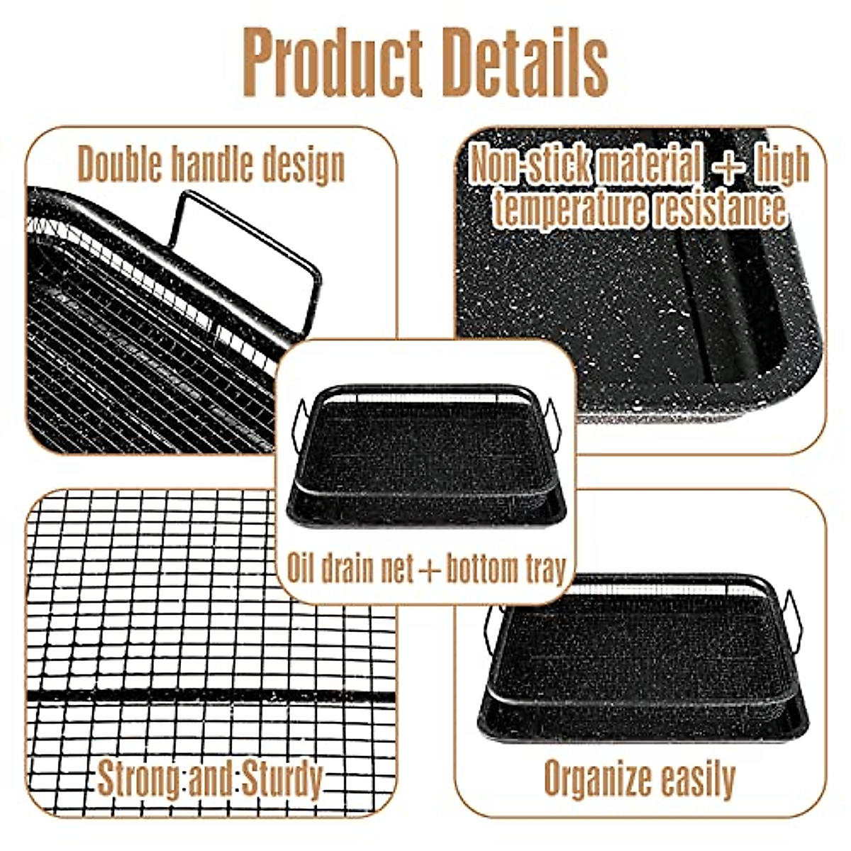 PBRO 2 Piece Copper Crisper Tray,13"L x9" W Oven Pan,Non Stick Baking Tray,Oven Baking Pan & Mesh Basket Set,Air Fryer Pan,Microwave Bacon Tray,French Fries Basket,Baking Set Kitchen Supplies -Black