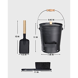 vensovo 2.5 Gallon Ash Bucket with Lid - Shovel, Broom, and Gloves, Heavy Duty Galvanized Iron, Fire-Resistant, Black Finish Perfect for Fireplaces, Fire Pits, Wood-Burning Stoves, and Grills