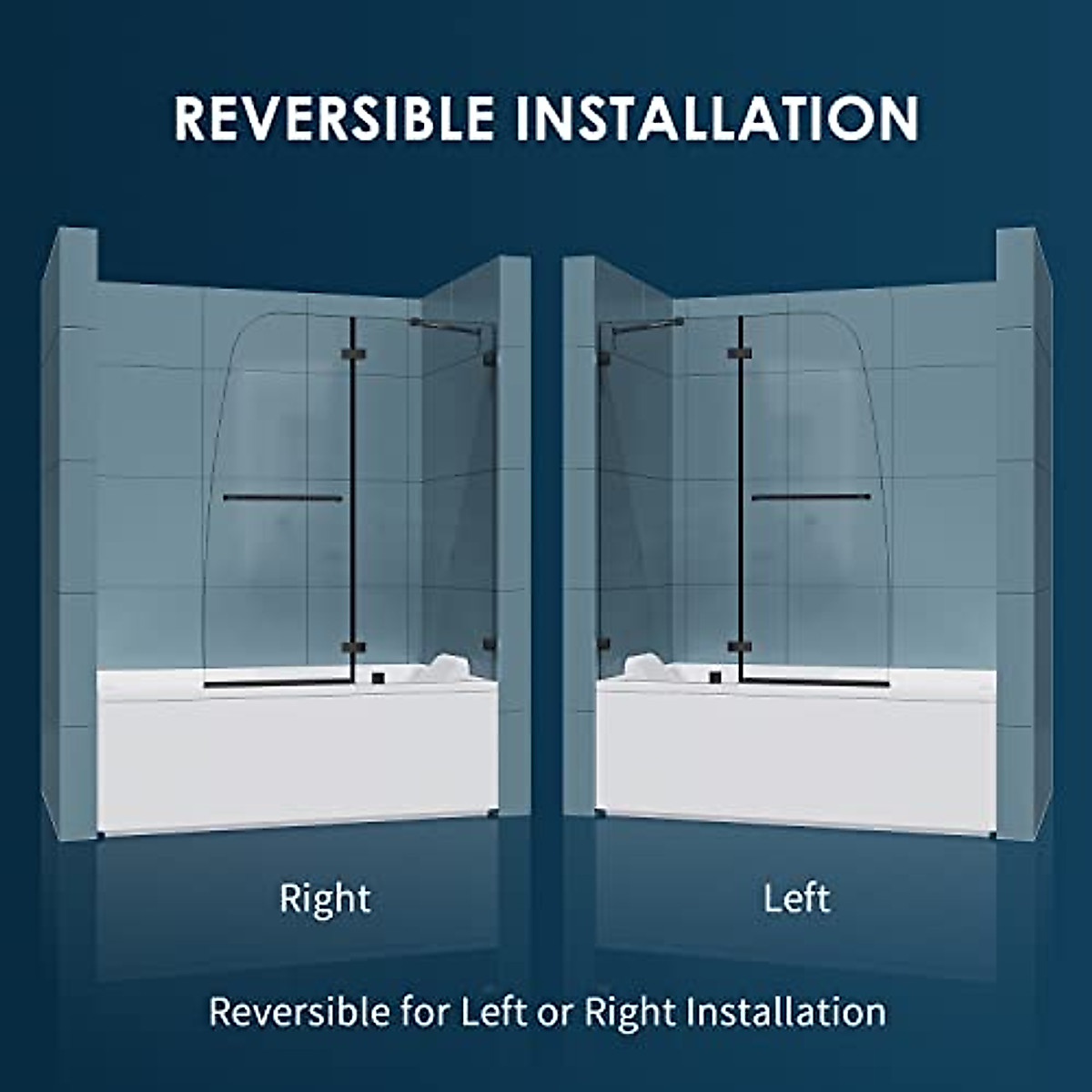 SUNNY SHOWER Frameless Shower Door for Bathtub,Hinged Tub Screen,Tempered Glass Tub Door,48" W x 58" H,Black Finish,Support Bar Included