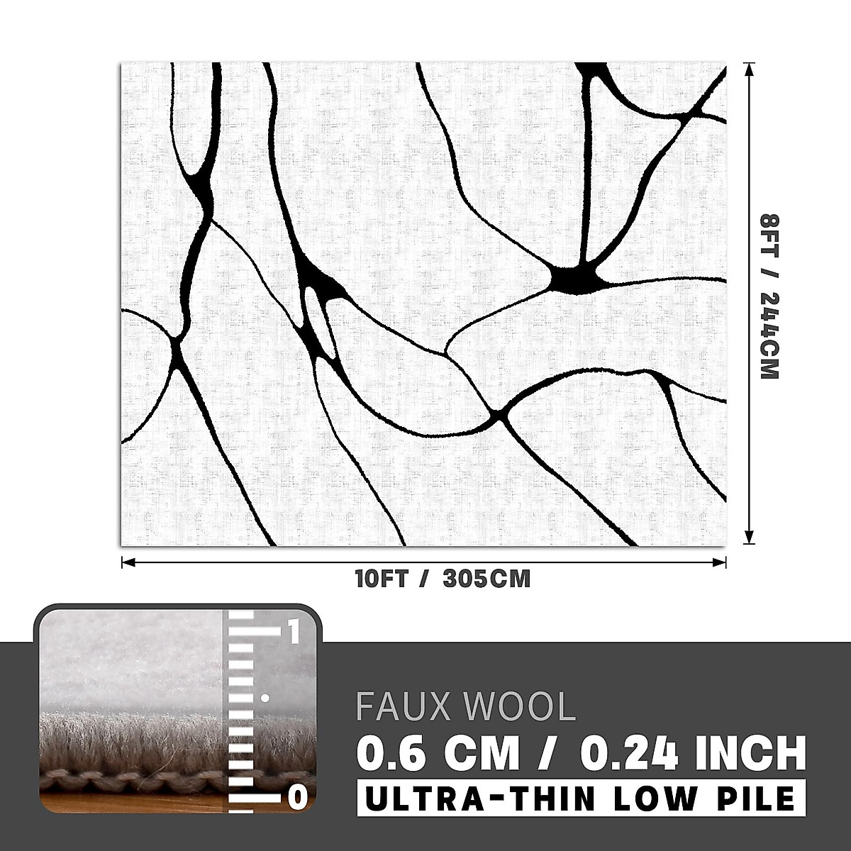 YIHOUSE Modern Washable 8'x10' Area Rug for Living Room Bedroom - Large Abstract Black and White Rug Non-Slip Ultra-Thin Home Decor,Warping,8x10ft