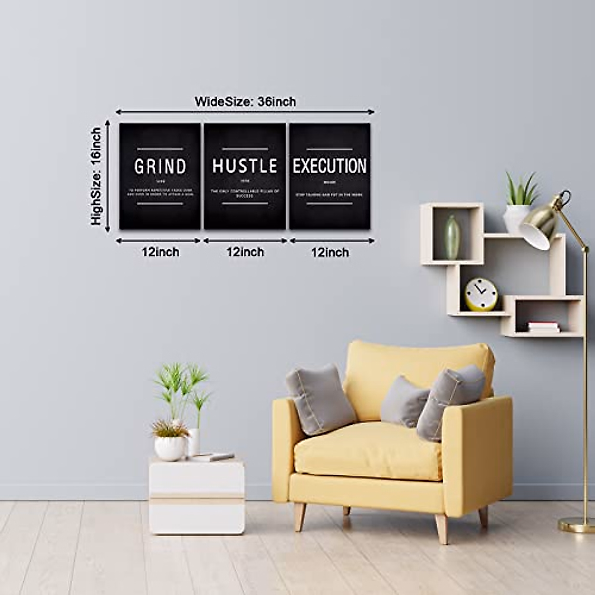 BWSPACE Inspirational Wall Art, Motivational Canvas Wall Art, grind hustle wall art 3 Pieces Wall Art Decorations for Office Living Room and Bedroom Decor (36" W x 16" H, GRIND)