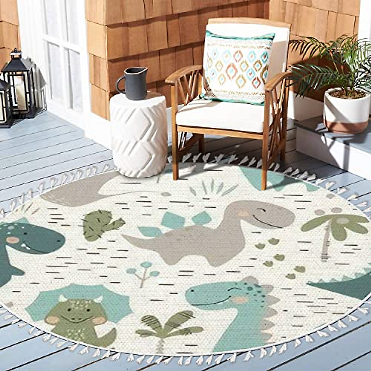DNEWYNPABV Round Rugs Dinosaur Baby boy Childish Sweet Dino with Palm and Cactus Boho Area Rug Linen and Cotton Carpet Meditation Rug Washable Hallway Runner Mat Accent Rug for Bedroom Bathroom 4ft