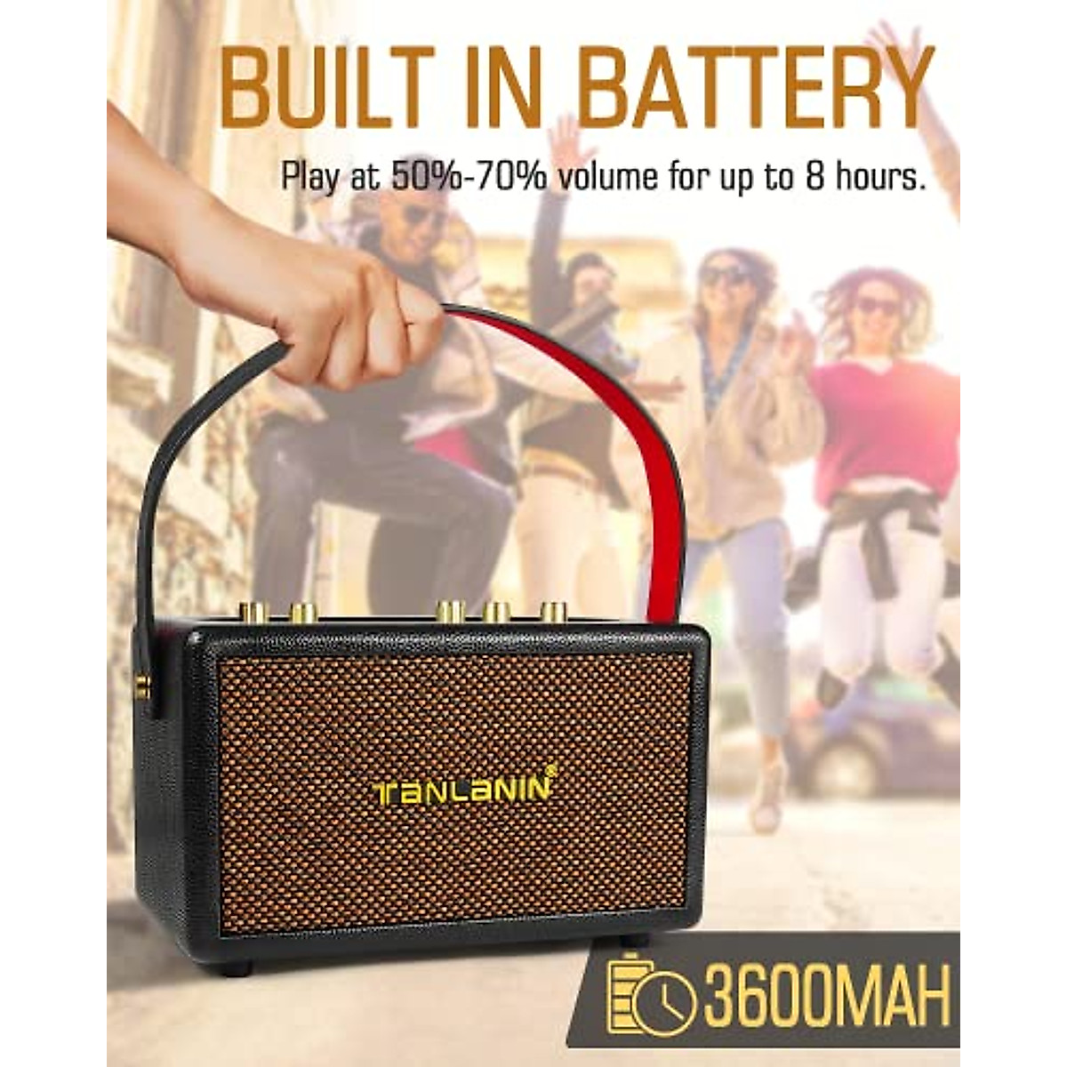 TANLANIN Vintage Bluetooth Speakers Rechargeable Portable Wireless Retro Style Leather Speakers 8H Long Playtime Bluetooth 5.0 Heavy Bass Music Player, TWS/USB/TF Slot/Remote Control/UHF Wireless Mic