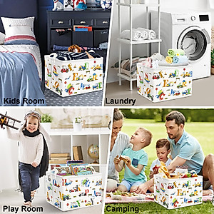 Clastyle Large Alphabet Construction Car Book Shelf Basket Collapsible Rectangle Excavator Ambulance Monster Truck Boy Bin Clothes Toy Car Storage Basket for Kids Room Nursery