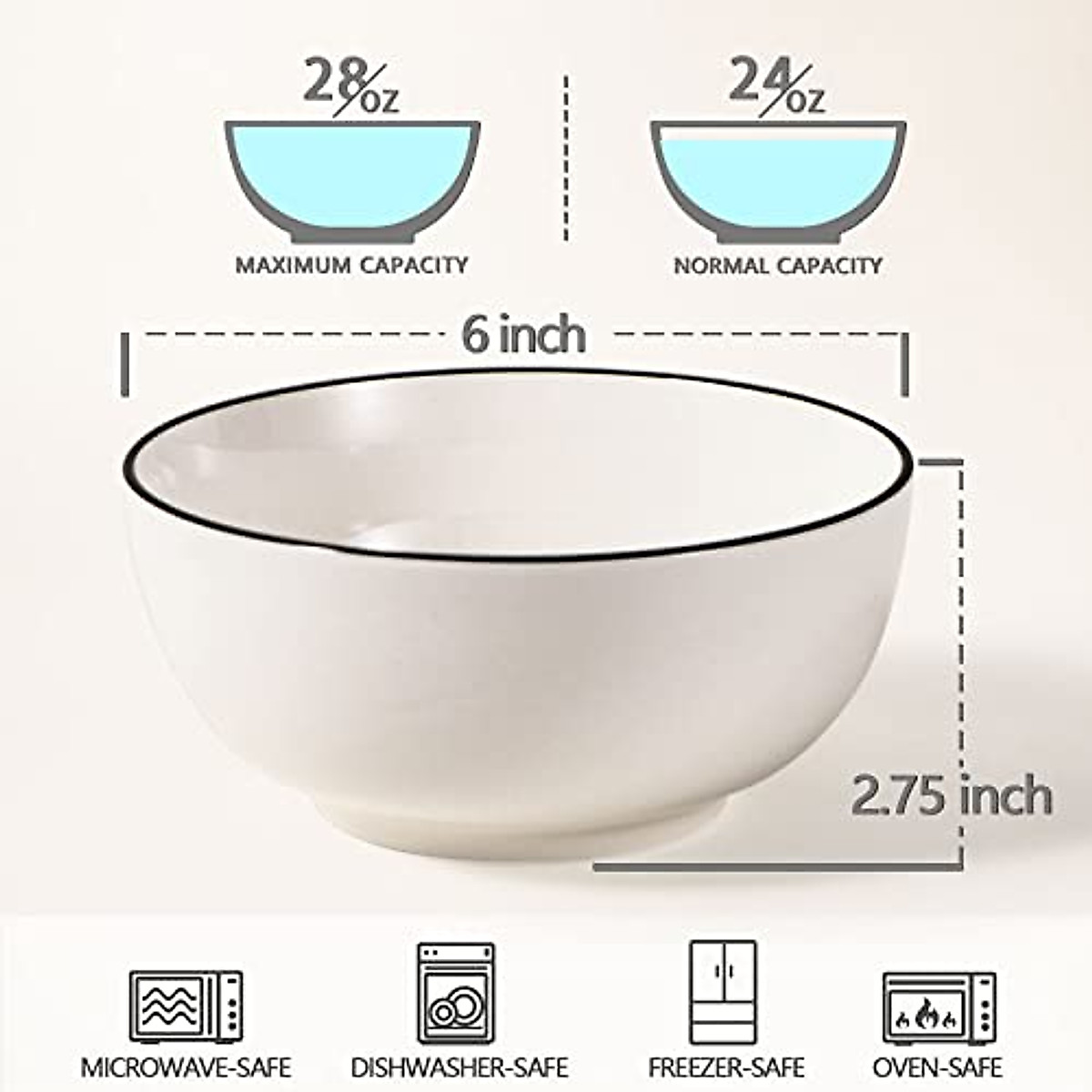 Wareland Soup Bowls, 28 Ounce Cereal Bowls, 6 Inch Ceramic Bowls Set Of 4, White Bowls For Salad Pasta Rice Oatmeal Pho, Ramen Bowl For Noodle, Bowls For Kitchen, Dishwasher Oven Microwave Safe Bowls