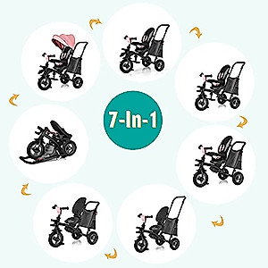 BABY JOY Toddler Tricycle, 7 in 1 Folding Steer Trike w/Rotatable Seat, Adjustable Canopy, Push Handle, Guardrail, Safety Harness, Brakes, Cup Holder & Storage, Tricycle for Toddlers Ages 1.5-5 (Pink)