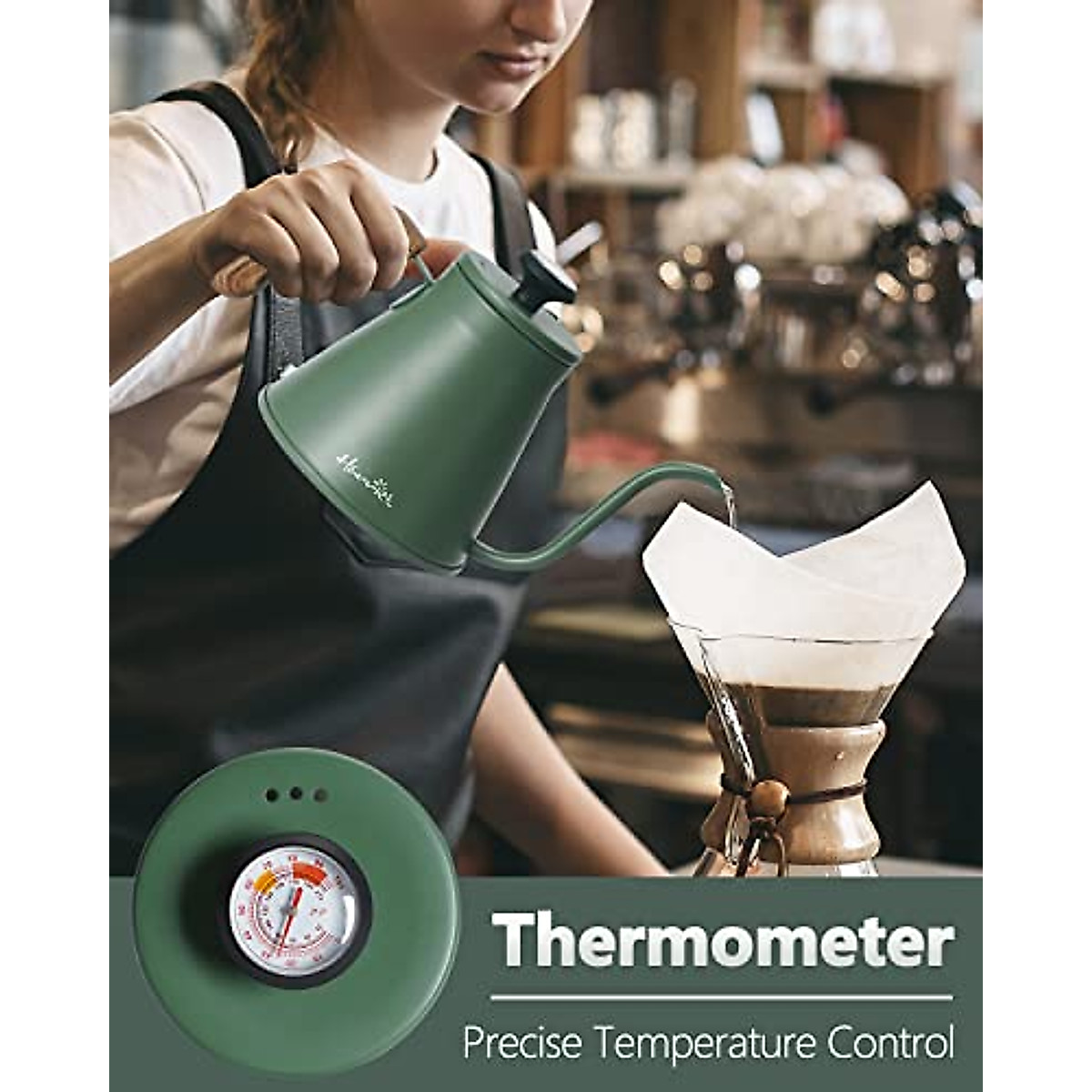 Gooseneck Kettle, Harriet 37oz Pour Over Kettle Stove Top, Coffee kettle with Thermometer, Stainless Steel Kettle with 3-Layer Base, Anti-Hot Handle, for Drip Coffee & Tea