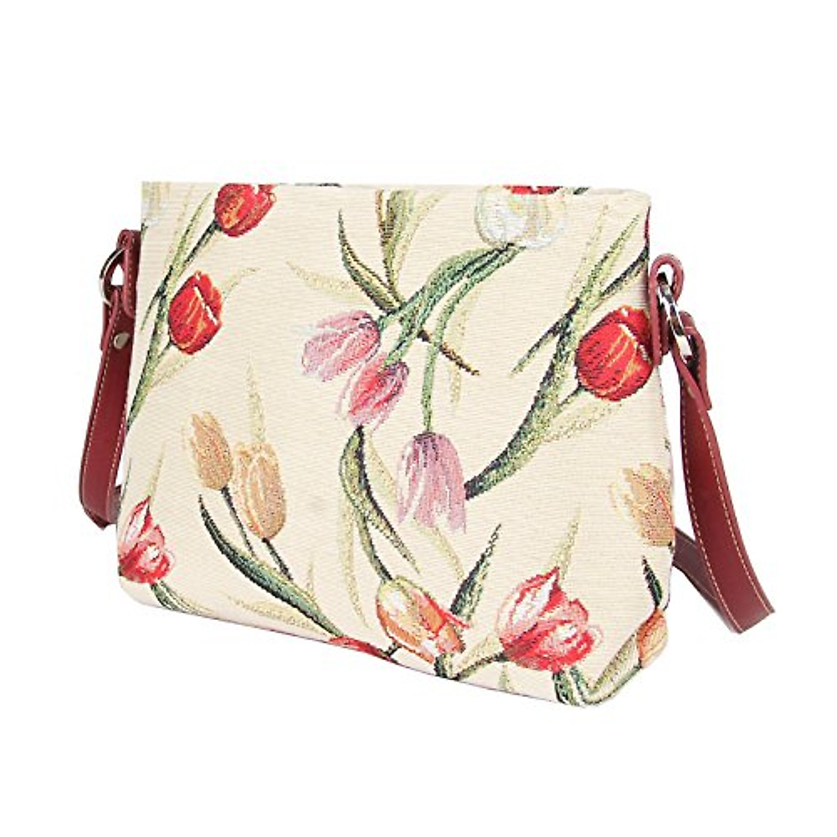 Signare Tapestry Crossbody Purse Small Shoulder Bag for Women with Tulip Flower White Design (XB02- TULWT)