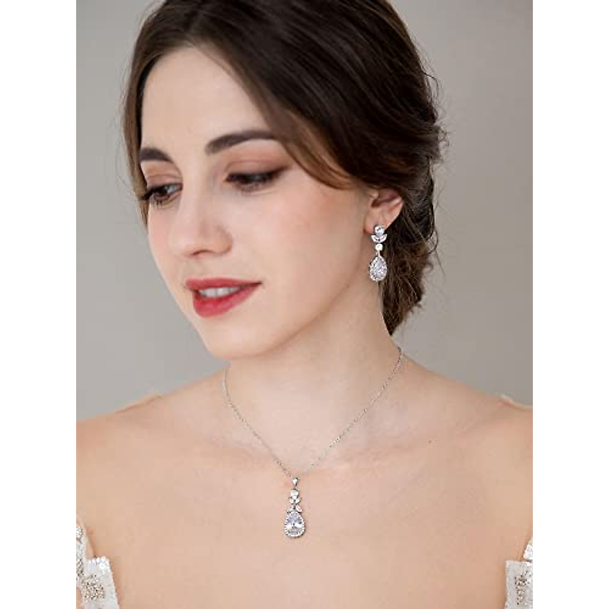 SWEETV Wedding Jewelry for Bride, Silver Teardrop Cubic Zirconia Necklace Earrings Set, Bridal Jewerly Set for Wedding Porm