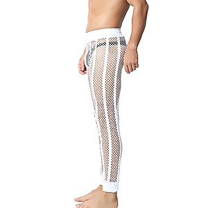QiaTi Men's Fishnet Pants Mesh See Through Muscle Leggings Stretchy Drawstring Long Pants B-White