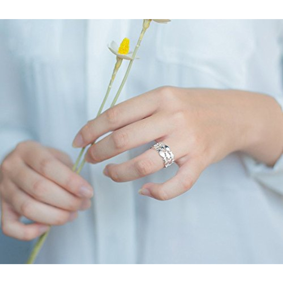 Helen de Lete Simple School Fish Geometric Pattern 925 Sterling Silver Open Ring-white silver