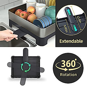 Genteen Large Dish Drying Rack, Dish Rack for Kitchen Counter, Stainless Steel Dish Drainers with Drainboard, Rotatable Spout and Utensil Holder - Black