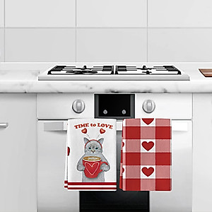 ABTOLS Valentine Kitchen Towel 4 Pieces Valentine's Day Heart Towels Red Love Cat Valentine Dish Towels Romantic Heart Kitchen Towel Soft Heart Dish Towels Kitchen Tea Towels for Home Kitchen