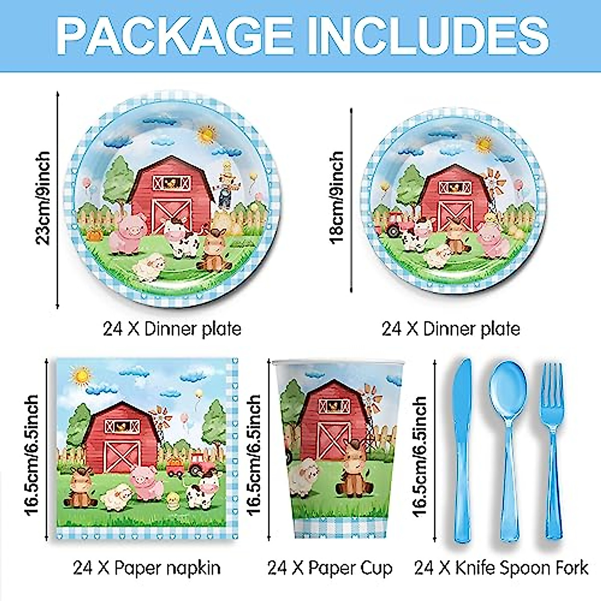 Piooluialy Farm Animal Party Supplies Tableware Set - Farm Birthday Baby Shower Decorations Include Dinner Plates, Cups, Napkins, Cutlery, Farm House Animal Barnyard Theme Party Supplies | Serves 24