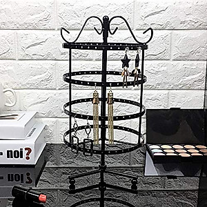 PENGKE Earring Holder Organizer,360 Rotating Earring Organizer, 4 Tiers 144 Holes Earring Jewelry Display Stands,Metal Necklace Jewlery Holder,12.2 x6 inch Black