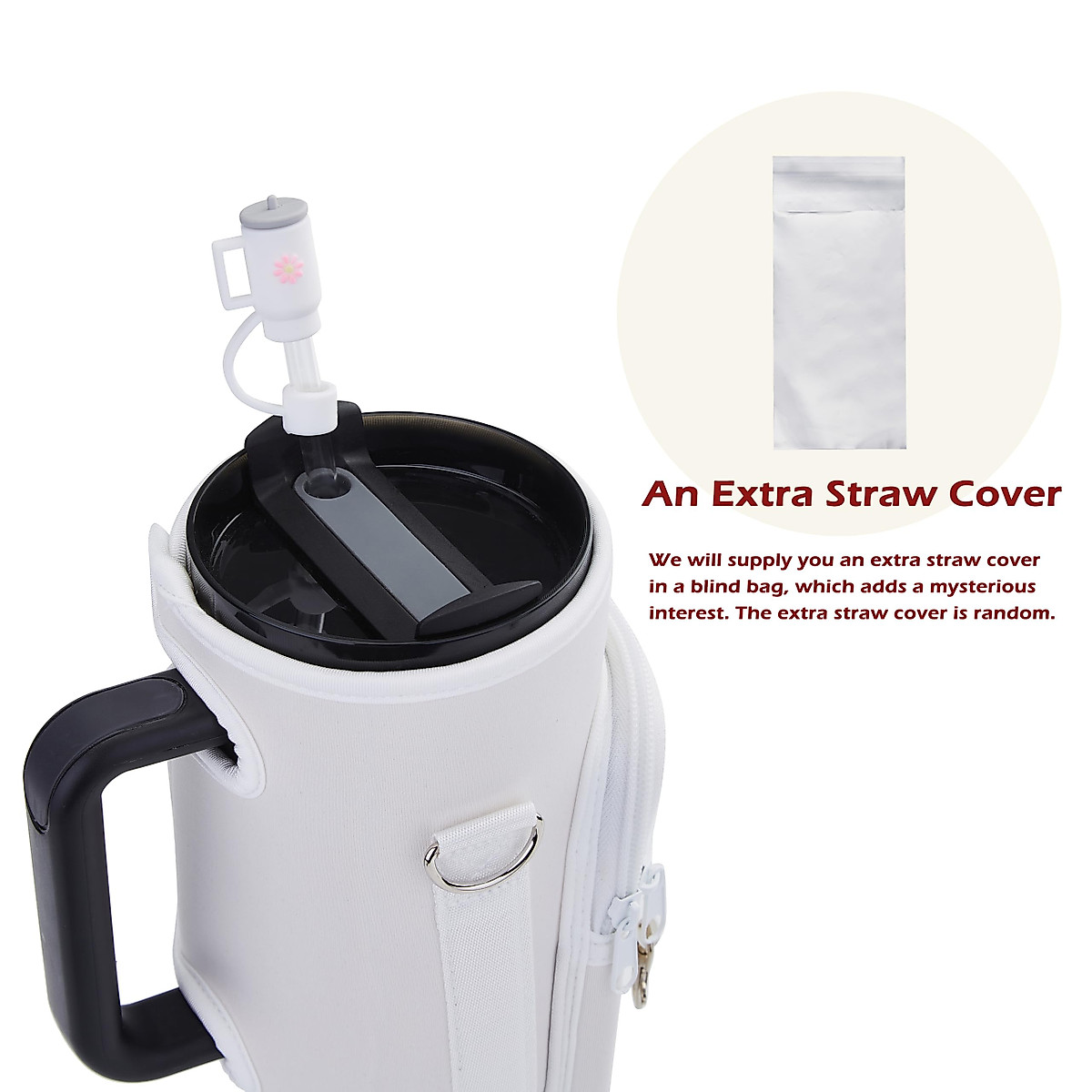 ZOYEPIN Water Bottle Carrier Bag with Strap, Durable Stanley Carrier for Stanley 40 oz Tumbler with Handle, Includes Extra One Blind Box Straw Cover, Stanley Cup Accessories for Hiking, Travelling